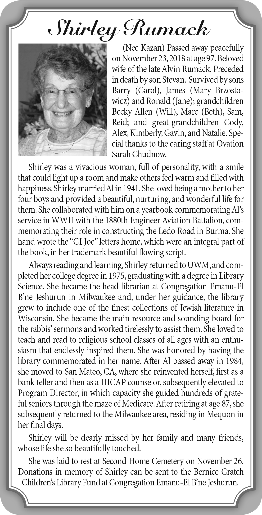 Obituaries, January 2019 | Wisconsin Jewish Chronicle